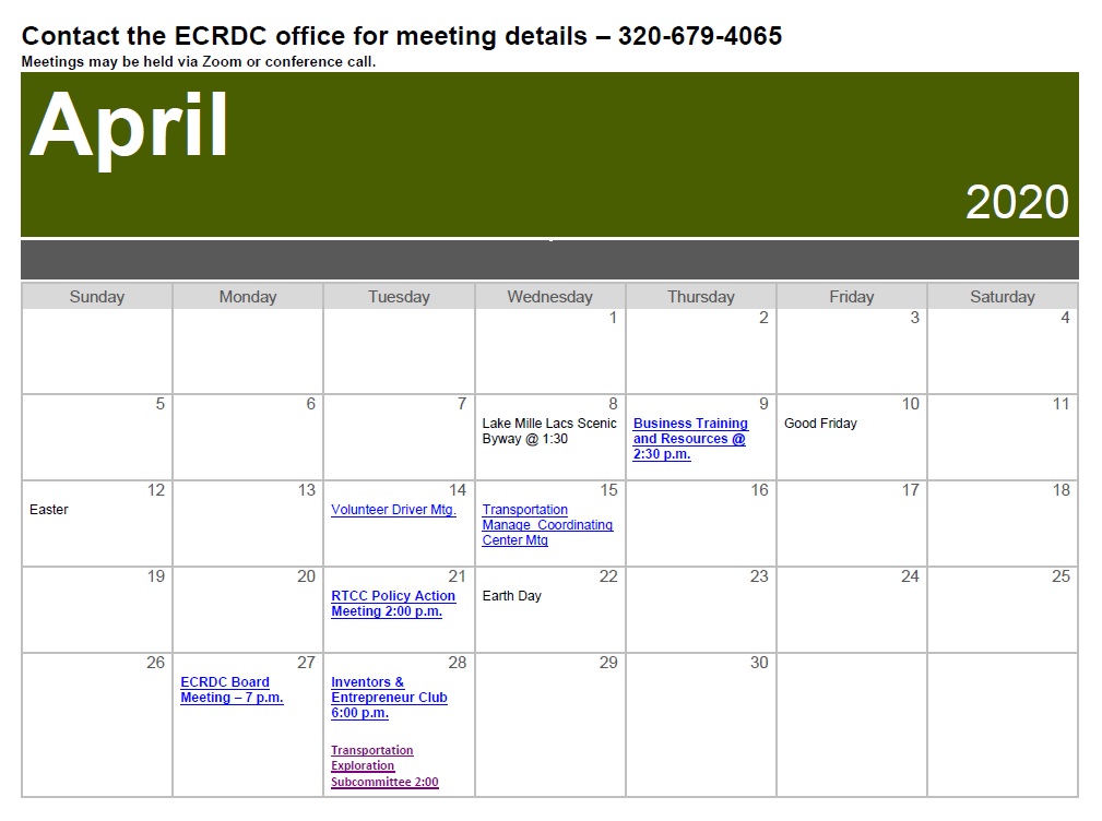 Calendar Ajpril 2020 – EAST CENTRAL Regional Development Commission